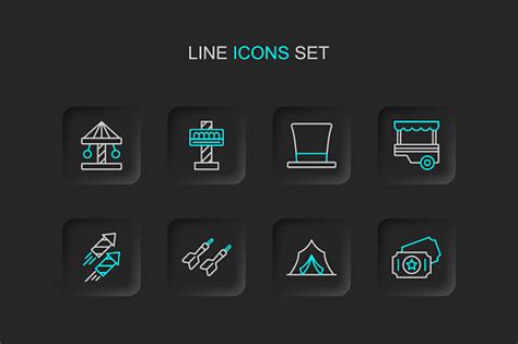 세트 라인 서커스 티켓 텐트 다트 화살 불꽃 로켓 패스트 스트리트 푸드 카트 실린더 모자 어트랙션 회전 목마 및 아이콘 벡터 0명에 대한 스톡 벡터 아트 및 기타 이미지