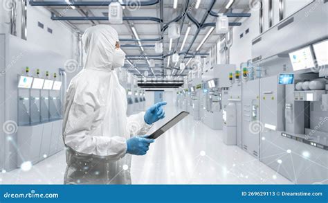 Worker Or Engineer Wears Protective Suit Or Coverall Suit Work In