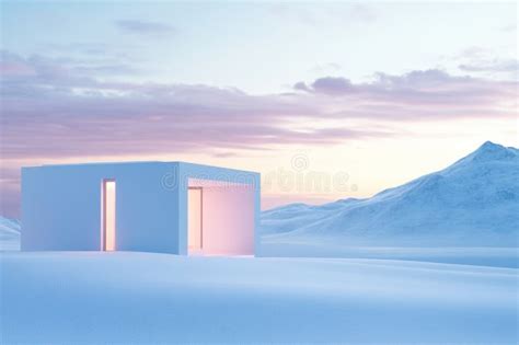 Minimalist Cube Structure In A Snowy Landscape At Dawn With Soft Pastel
