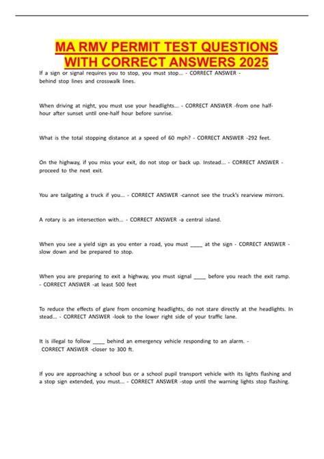 Ma Rmv Permit Test Questions With Correct Answers 2025 Ma Permit