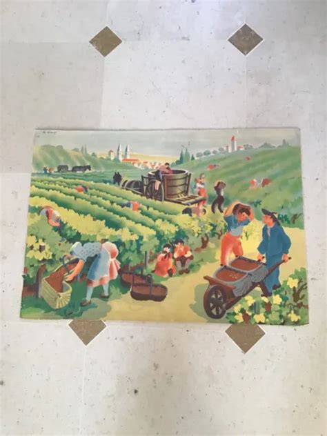 AFFICHE SCOLAIRE ANCIENNE Bourrelier annees 40 50 scènes de la vie vendanges EUR 13 00