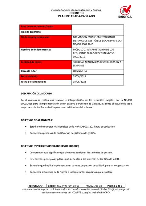 Reg Pro For 03 03 Plan De Trabajo Sílabo Registro Plan De Trabajo