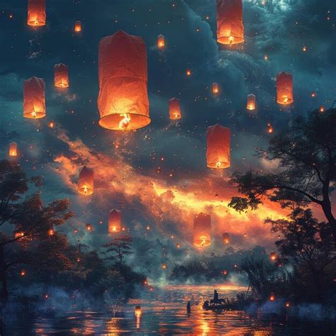 Premium Photo Glowing Lanterns Floating Into The Night Sky