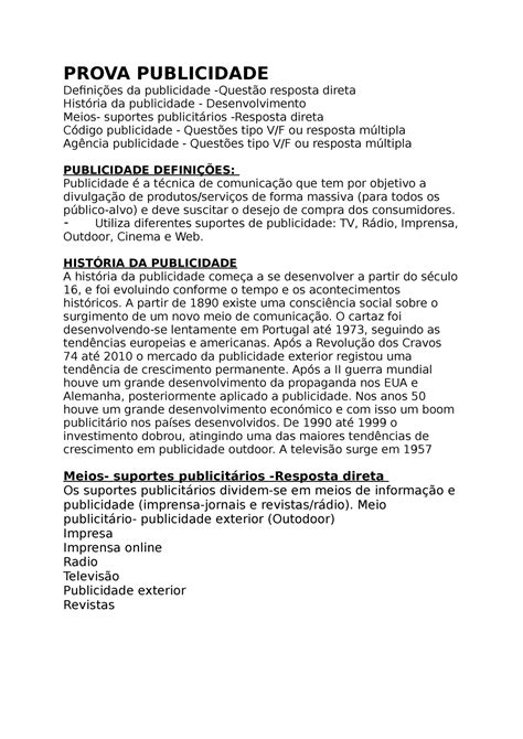 Prova Publicidade PROVA PUBLICIDADE Definições da publicidade