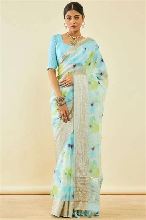 Buy Soch Womens Powder Blue Organza Floral Print Saree Online At Best