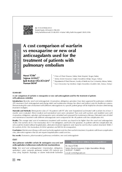 Pdf A Cost Comparison Of Warfarin Vs Enoxaparine Or New Oral