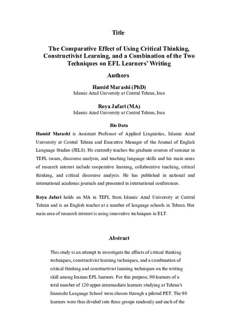 Doc The Comparative Effect Of Using Critical Thinking Constructivist Learning And A