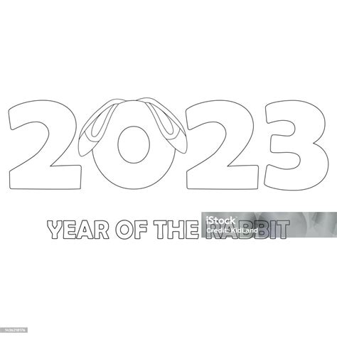 무색 만화 토끼 귀 번호 2023 토끼를 2023 새해의 상징으로 삼은 색칠 공부를위한 흑백 템플릿 페이지 블랙 윤곽선 실루엣
