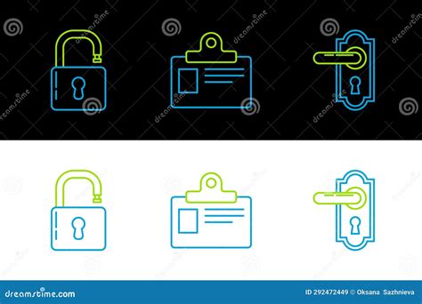 Set Line Door Handle Open Padlock And Identification Badge Icon Vector Stock Vector