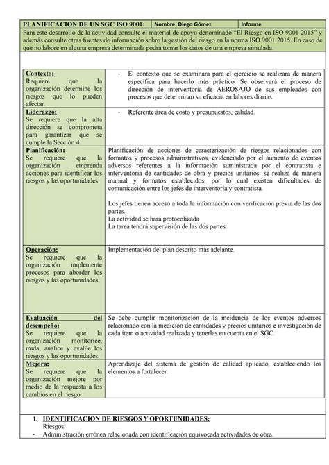 Planificacion De Un Sgc Iso 9001 Informe Evidencia 3 PLANIFICACION DE
