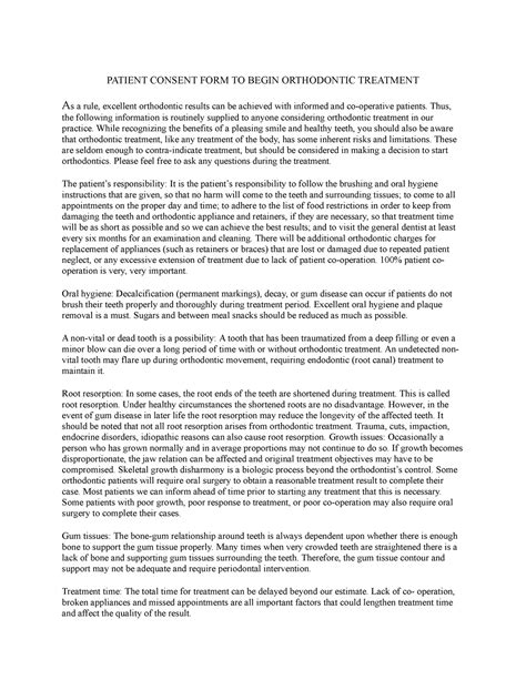 Patient Consent Form To Begin Orthodontic Treatment Patient Consent Form To Begin Orthodontic