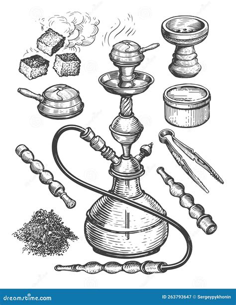 Oriental Smoking Hookah And Set Of Accessories Hand Drawn Nargile