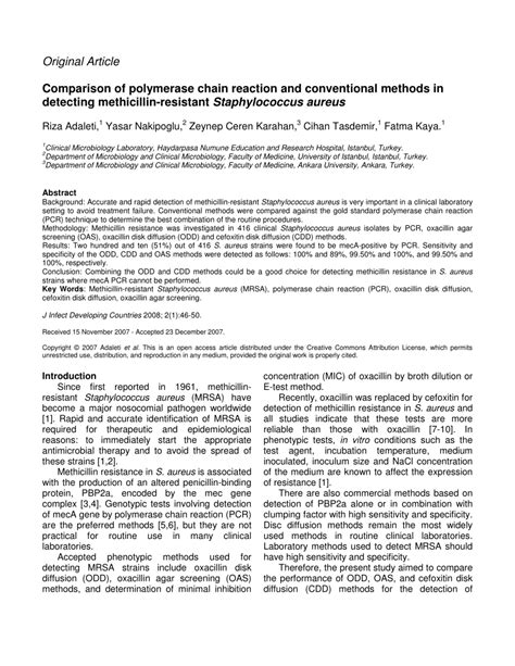 Pdf Comparison Of Polymerase Chain Reaction And Conventional Methods In Detecting Methicillin
