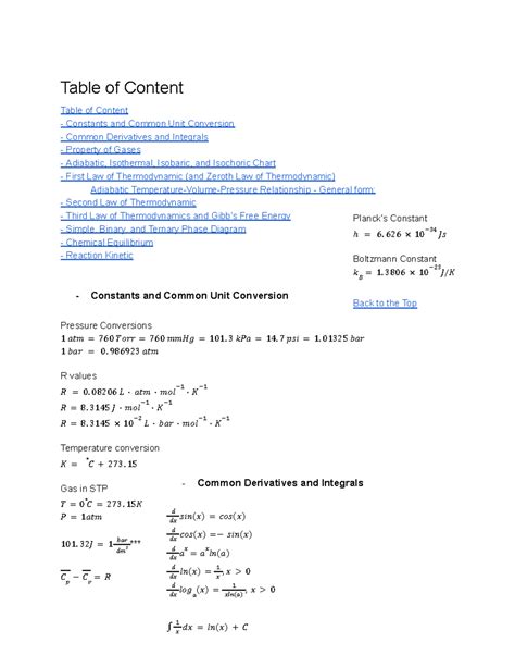Pchem Equation Sheet Table Of Content Table Of Content Constants