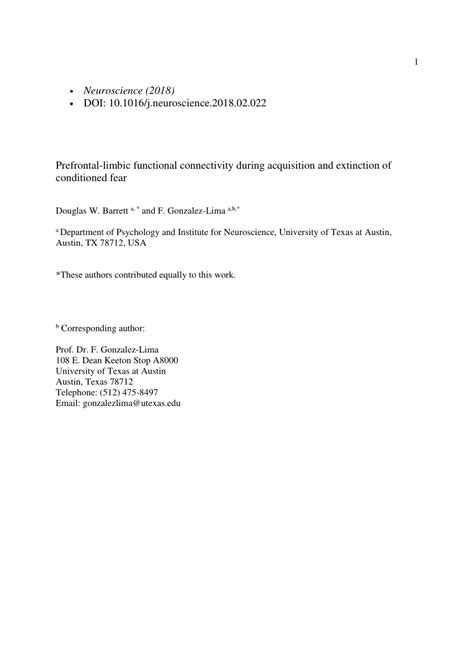 Pdf Prefrontal Limbic Functional Connectivity During Acquisition And Extinction Of Conditioned