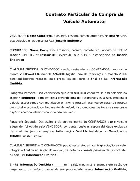 Contrato Particular Compra E Venda Veiculo Contrato Particular De