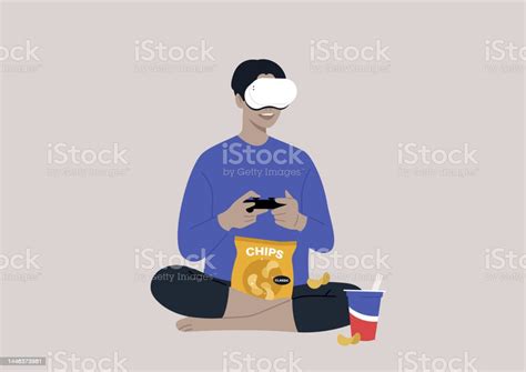 Vr 헤드셋을 착용하고 비디오 게임 콘솔을 플레이하고 간식을 먹고 무선 엔터테인먼트 기술 현대적인 라이프 스타일을 먹는 젊은 남성 캐릭터 Brand Name Video