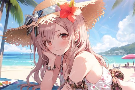 Premium Photo Beach Day Delight Cute Anime Girl In Swimsuit