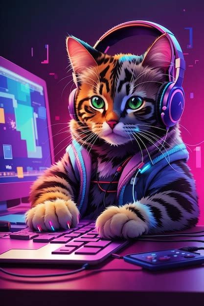 Premium Photo A Cat With Headphones On And A Laptop