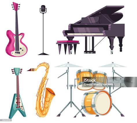 악기 분리 된 세트 개념 벡터 플랫 만화 디자인 요소 일러스트 레이 션 기타 현악기에 대한 스톡 벡터 아트 및 기타 이미지