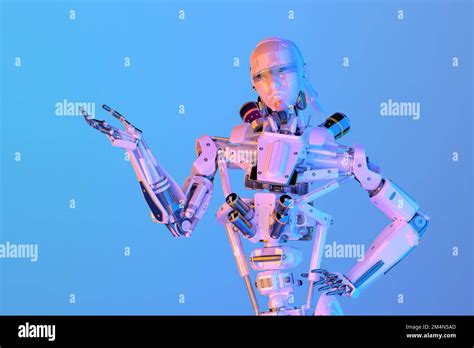Modern Ai Humanoid Robot Cyborg Showing Something Over Robot Hand