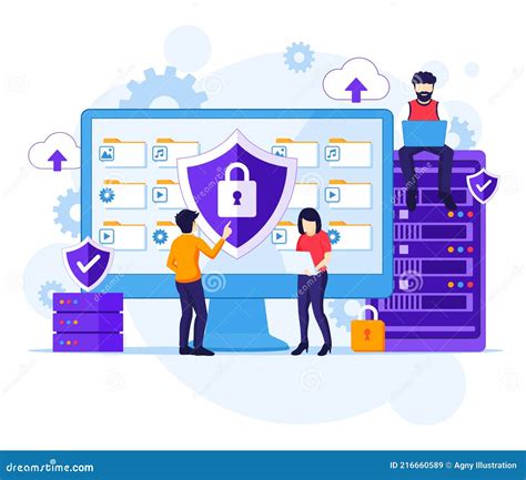 Data Security Concept People Work On Screen Protecting Data And Files