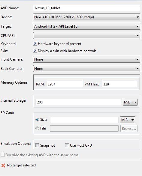 No Target Selected Error On Android Tablet Emulator In Eclipse Stack Overflow