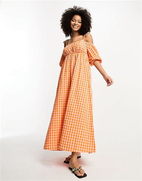 Asos Design Katoenen Maxi Jurk Met Blote Schouders Gerimpelde Buste