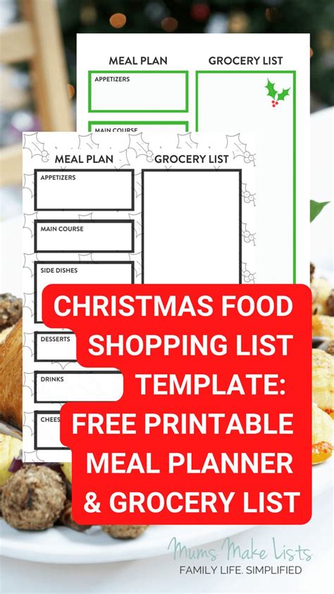 CHRISTMAS FOOD SHOPPING LIST TEMPLATE CHRISTMAS MEAL CHECKLIST FREE