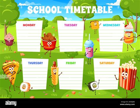 School Timetable Schedule Cartoon Fast Food And Desserts Characters On