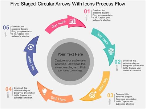 five staged circular arrows with icons process flow flat powerpoint