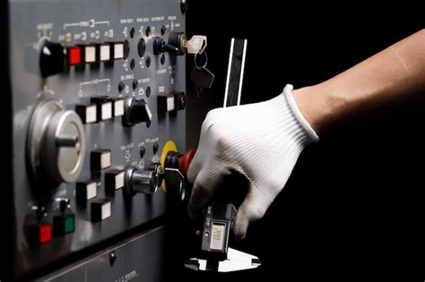 Botão De Emergência No Cncforeman Segurando Vernier Digital Pressione O Botão De Parada De