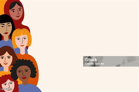 다문화 여성 배경 카드 텍스트 손으로 그린 평면 벡터 일러스트 레이 션 여성과 다른 국적 문화 소셜 네트워크 페미니즘 국제 여성의 날 인사말 템플릿 3월에 대한 스톡 벡터