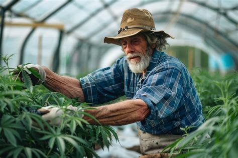 Farmer Inspecting And Cultivating Cannabis Plants In A Greenhouse