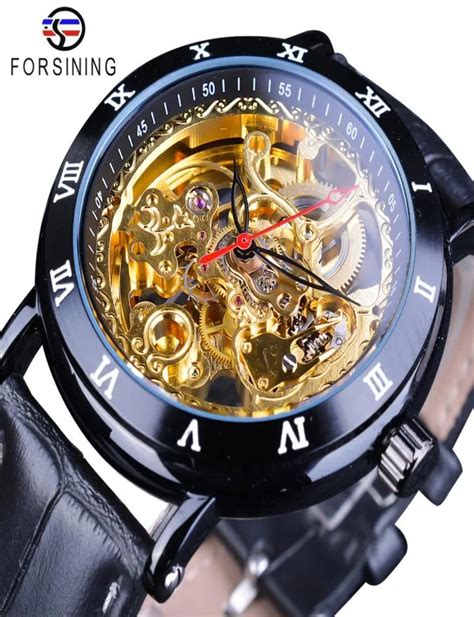 Forsining Royal Flower Carving Gear Goldene Bewegung Echtes Leder