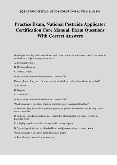 Practice Exam National Pesticide Applicator Certification Core Manual Exam Questions With