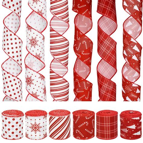 Whaline 36 Yards 6 Rolls Christmas Ribbon Red White Sripe Plaids Dot