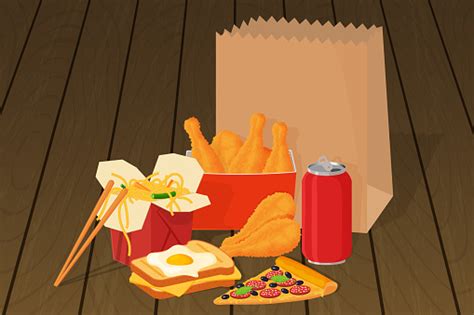 패스트 푸드 세트 패스트 푸드 나무 테이블에 누워 있습니다 Shawarma 핫도그 피자 샌드위치 팝콘 아이스크림 날개 허벅지 및