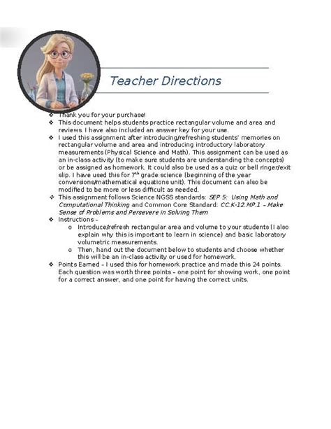 Rectangular Area And Volume Equations And Laboratory Measurement Document
