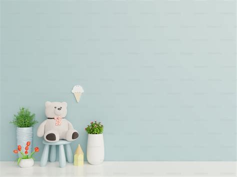 파란 벽 배경에 있는 어린이 방에 있는 테디베어3d 렌더링 사진 Unsplash의 태국 이미지