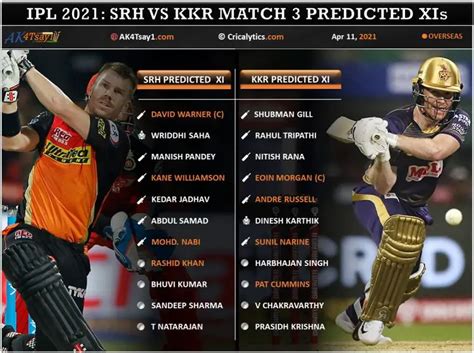 Ipl 2021 Srh Vs Kkr Match 3 Predicted Playing Xi For Both The Teams