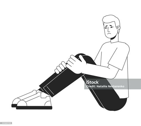 우울한 남자는 앉아서 다리를 잡고 평평한 선 검은 흰색 벡터 문자를 들고 있다 2차 도형에 대한 스톡 벡터 아트 및 기타 이미지 2차 도형 고독 개념 기진맥진