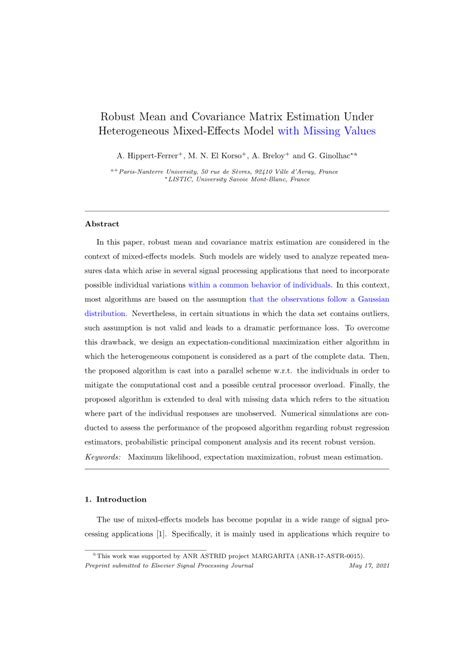 Pdf Robust Mean And Covariance Matrix Estimation Under Heterogeneous Mixed Effects Model With