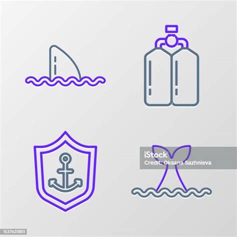 바다 파도에 고래 꼬리 라인을 설정하고 방패 내부에 앵커 Aqualung 및 상어 지느러미 아이콘을 설정합니다 벡터 고래에 대한