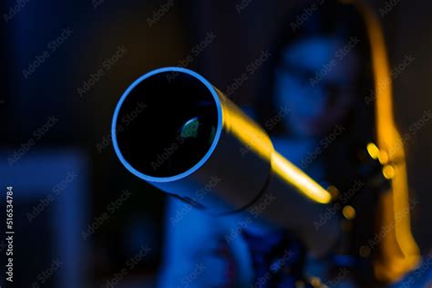 Astronomer Woman Setting Telescope At Night Sky Space Cosmos Universe Milky Way Female