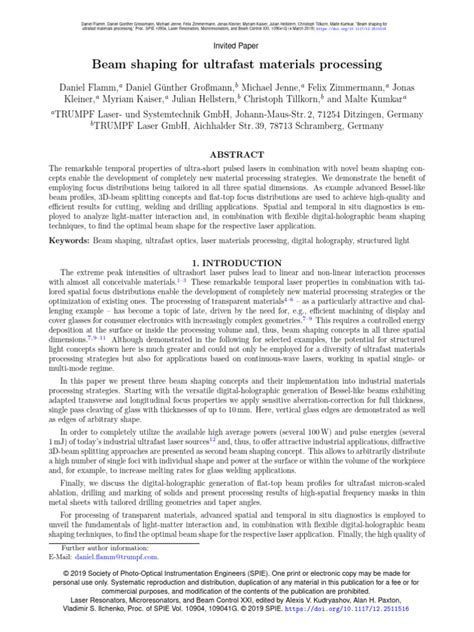 Beam Shaping For Ultrafast Materials Processing Pdf Ultrashort Pulse Optics