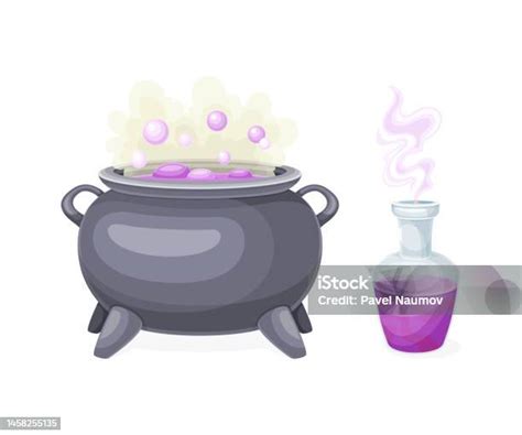 끓는 마녀 가마솥과 유리 항아리 독을 마법의 물건과 요술 아이템 벡터 세트로 가득 찬에 대한 스톡 벡터 아트 및 기타 이미지