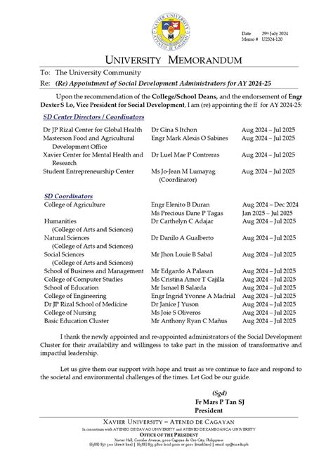 Xavier University Memo U2324 120 Re Appointment Of Social