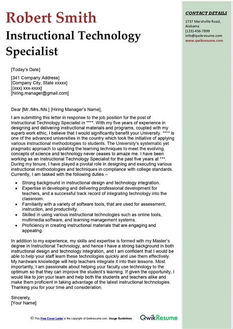 Instructional Technology Specialist Cover Letter Examples Qwikresume