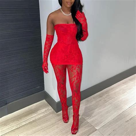 Lace See Through 2 Piece Set Women Sexy Strapless Wrap Dress With Lace